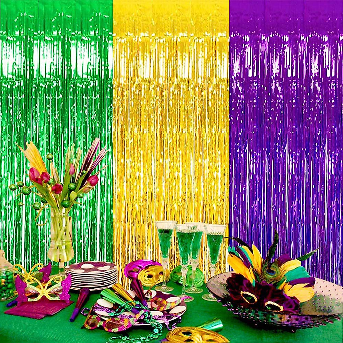 Mardi Gras Decorations Fat Tuesday Decorations Mardi Gras Party Decorations Mardi Gras Decor Mardi Gras Party Backdrop Purple Green Gold Foil Fringe Curtains Mardi Gras Party Supplies by HappyField