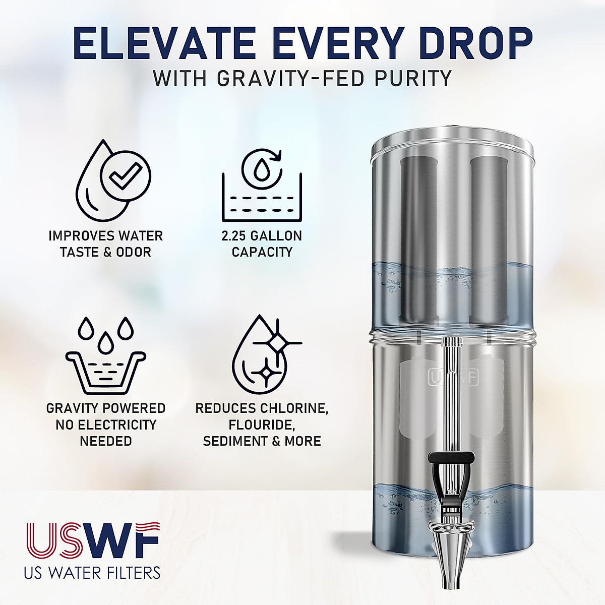 USWF Gravity Fed Water Filter System - 2.25 Gal Stainless Steel w/ 2 Carbon Filters, 2 Fluoride Filters, Portable Countertop Filtration System, Metal Sight Glass Spigot, Stand, NSF/ANSI 372 Certified