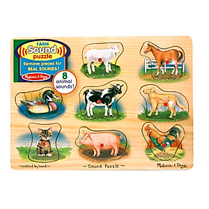 Melissa & Doug Farm Sound Puzzle - Wooden Peg Puzzle With Sound Effects (9 pcs)