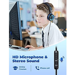 iClever HS14 Kids Headphones, Headphones for Kids with 94dB Volume Limited for Boys Girls, Adjustable Headband, Foldable, Child Headphones on Ear for Study Tablet Airplane School, Black, Blue