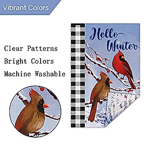 Hello Winter Garden Flag 12x18 Double Sided, Burlap Farmhouse Buffalo Plaid Small Cardinal Snow Garden Yard Flags for Winter Seasonal Outside Outdoor House Holiday Decor (ONLY FLAG)