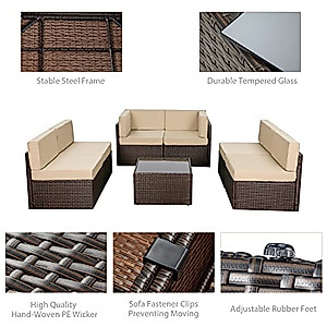 U-MAX 7 Piece Outdoor Patio Furniture Set, PE Rattan Wicker Sofa Set, Outdoor Sectional Furniture Chair Set with Khaki Cushions and Tea Table, Brown