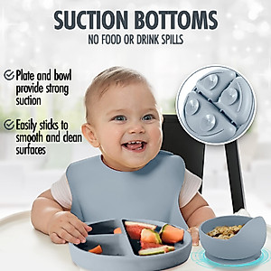 Blue Gray-10 Piece Silicone Baby Feeding Set-Baby Led Weaning Supplies-Baby Eating Supplies, Baby Plates/Toddler Plates, Bib, Sippy Cup, Baby Spoons First Stage 4 months, and Infant Silicone Fork