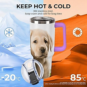 LLUTSNTH 40 Oz Vacuum Tumbler with Violet Handle Leakproof Insulated Tumbler Funny Labrador Puppy Dog Stainless Steel Travel Mug with Lid And Straw Coffee Cup Cute Water Bottles Cup Holder Friendly