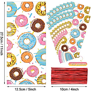 PerKoop 100 Pieces Donut Candy cellophane Bags Sweet Doughnut Treat favor Goodie Bags with 150 Pieces Twist Ties for Donut Birthday Party Supplies, 5 x 11 Inches