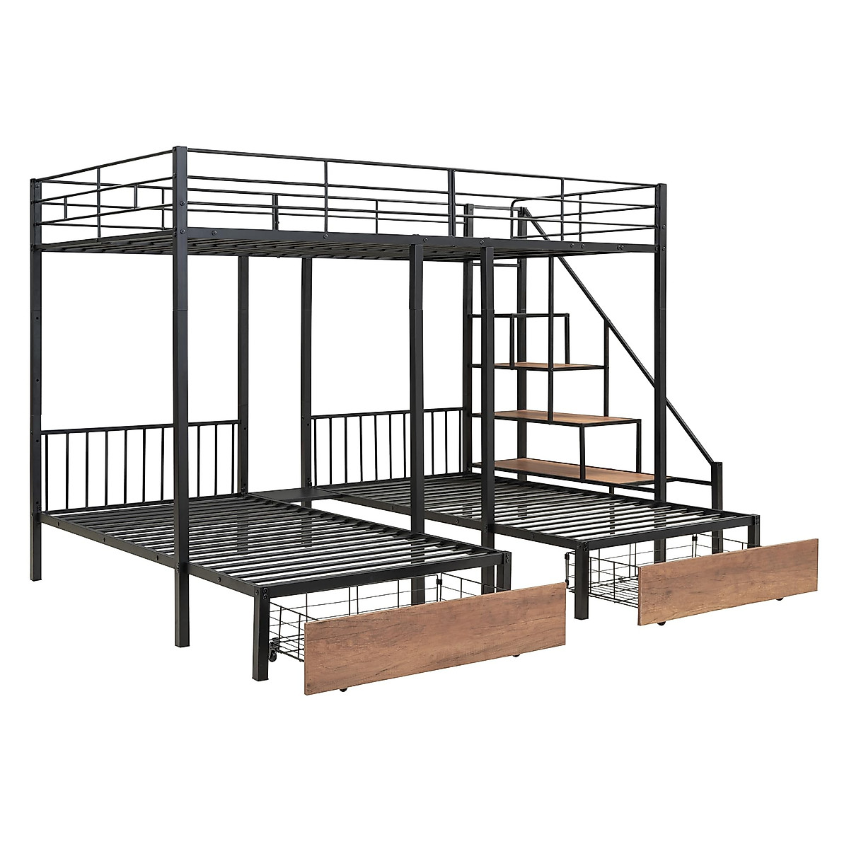 Bellemave Triple Bunk Bed with Storage Stairs, Metal Full Over Twin & Twin Bunk Beds, Detachable Bunk Bed for 3 Kids with Storage Shelf for Three Boys Girls Teens, Black