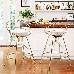 Aklaus 26" Sherpa Boucle Bar Stools Set of 2 Swivel Counter Height Bar Stools with Round Seat,Gold Bar Stools with Backs,Modern Teddy White Barstools,Kitchen Island Dining Bar Stools Chairs