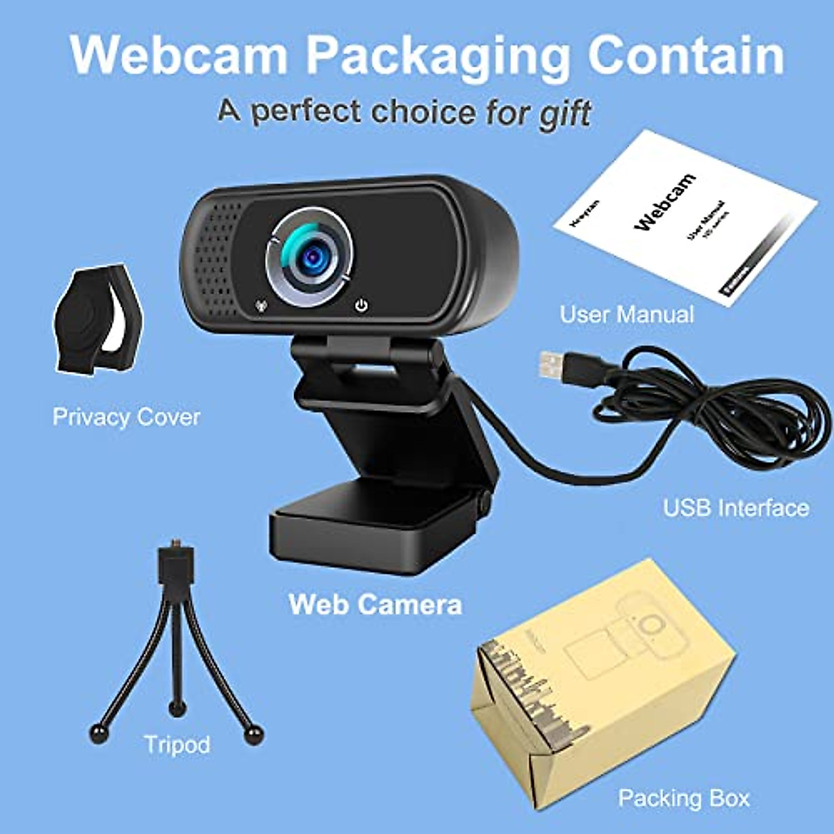 Hrayzan Webcam 1080p, Webcam with Microphone, USB Web Camera 110°Wide View, Plug and Play Computer Camera, Laptop Desktop Webcam for Conferencing Recording,Webcam Tripod and Privacy Cover Include