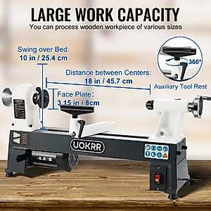 UOKRR Benchtop Wood Lathe 10" x 18" Wood Lathe Machine 5 Variable Speeds 500/750/1150/1800/3200RPM Mini Wood Turning Lathe for Woodworking 1/2HP Multifunctional Power Wood Lathe
