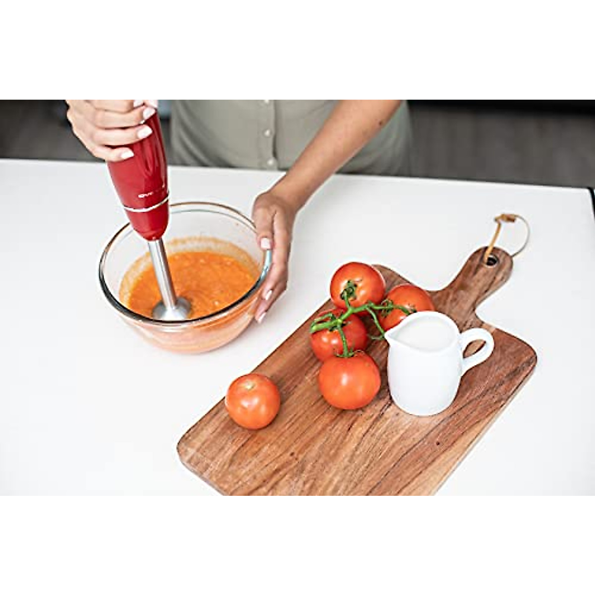 OVENTE Immersion Electric Hand Blender 300 Watt Power 2 Mix Speed with Stainless Steel Blades, Handheld Stick Mixer Set with Egg Whisk Attachment Mixing Beaker and BPA-Free Food Chopper, Red HS565R
