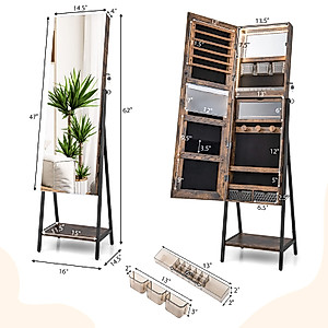 CHARMAID LED Strip Jewelry Armoire with Full Length Mirror, Lockable Jewelry Cabinet Organizer with 3-Color Lights, 3 Brush Boxes, 2 Drawers, Bottom Storage Shelf, Metal Frame (Rustic Brown)