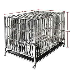 Confote 48" Heavy Duty Stainless Steel Dog Cage Kennel Crate and Playpen for Training Large Dog Indoor Outdoor with Double Doors & Locks Design Included Lockable Wheels Removable Tray No Screw
