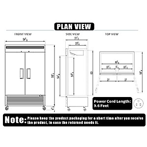 KITMA 54-inch Commercial Refrigerators, 2 doors Reach-in Refrigerator Cooler with LED Lighting, Stainless steel, 49 Cu. Ft