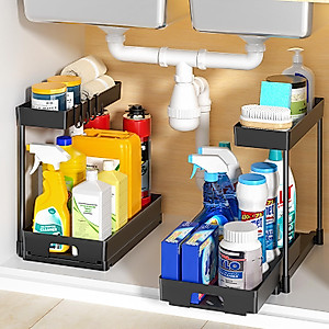 TidyLamu 2 Pack Under Sink Organizers and Storage, 2 Tier L-Shape Pull Out Under Cabinet Organizer, Black Under Bathroom Kitchen Sink Organizer with Drawer for Under Counter Storage Organizer