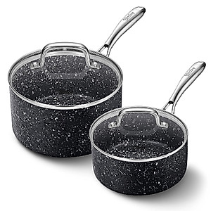 HLFRG Saucepan Set with Lid, Nonstick 2Qt & 3Qt Sauce Pan Set with Lid, Small Pot with Lid, Natural Granite Nonstick Saucepan Set, Small Sauce Pots, Black Pot Set - 2Qt & 3Qt