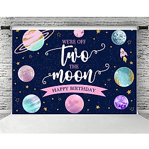 9x6ft Two The Moon 2nd Birthday Backdrop for Boy or Girl Outer Space Rocket Astronaut Theme Background Night Sky Gold Hanging Stars Planet Galaxy Photo Photography Party Decoration Supplies