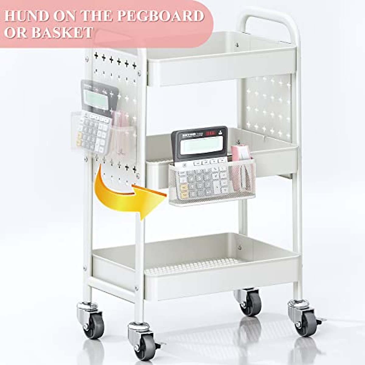 3 Tier Rolling Utility Cart - Craft Storage Organizer with Wheels, Art Cart with DIY Dual Pegboards, Removable Baskets Hooks, for Office, Home, Kitchen, Classroom (White)