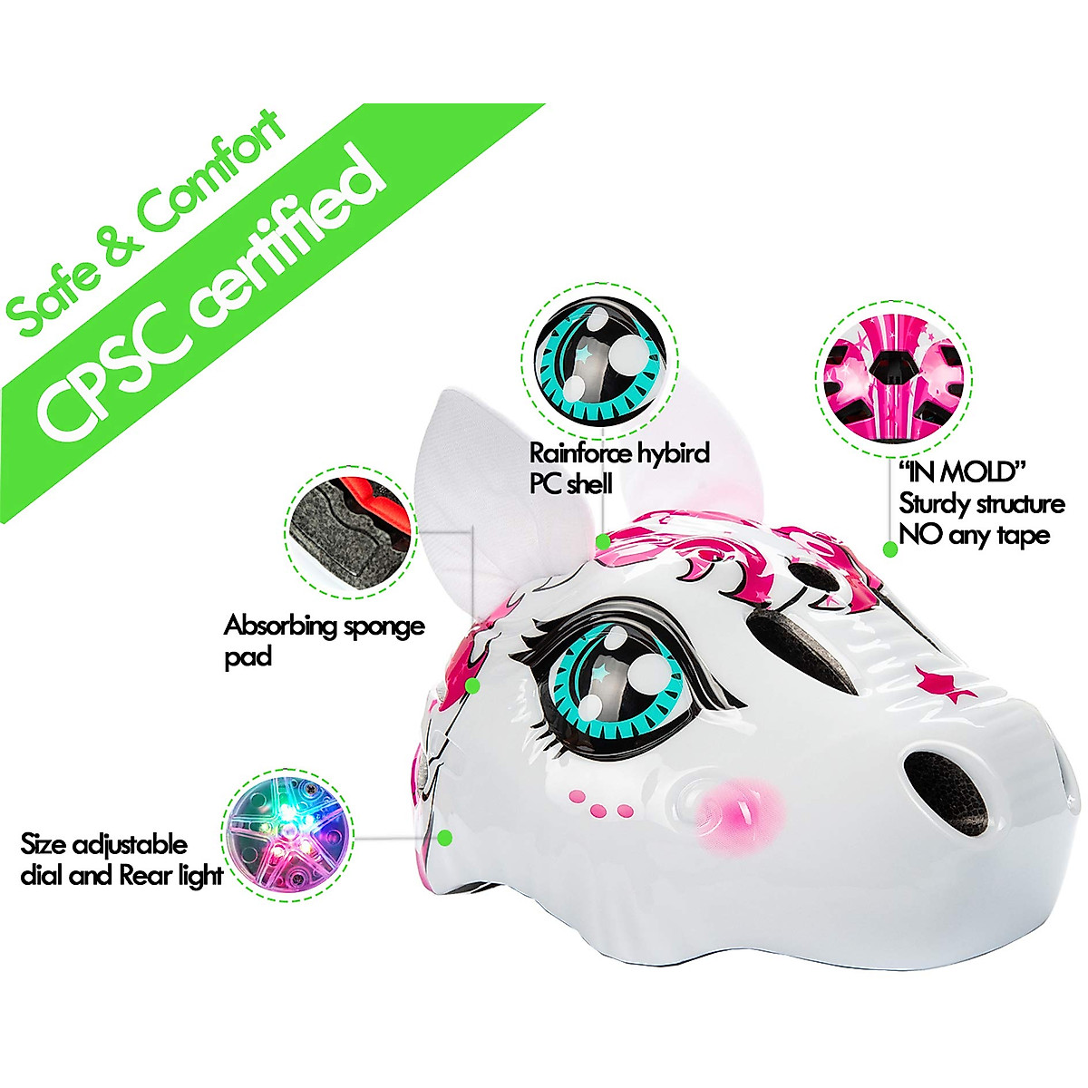 Natuway Toddler Helmet Unicorn Bike Helmet for Girls with Taillight 3D Unicorn CPSC and CPSIA Safety Certified Approximately 2-8 Years Skateboard Skating Scooter Helmet Gifts