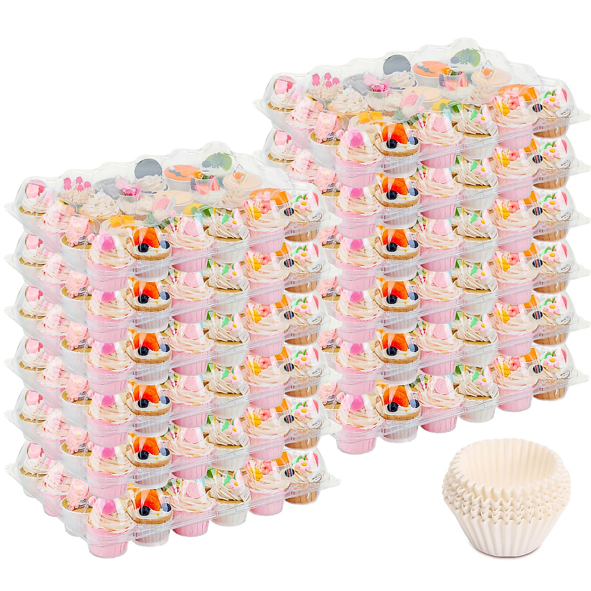 Moretoes (12 Pack x 24 Sets Cupcake Containers, Cupcake Boxes with 300 Cupcake Liners, 24 Compartment Cupcake Carrier Holders, Plastic Cupcake Containers with Detachable Lid