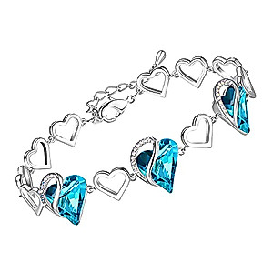 Leafael Infinity Love Heart Link Bracelets, December Birthstone Crystal Bracelet for Women, Silver Tone Jewelry Gifts for Her, Turquoise Aquamarine Blue, 7-inch Chain and 2-inch Extender