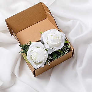 Senseya Wrist Corsage Wristlet Band Bracelet for Girls Women Bride Bridesmaid, Corsages Wristlet Artificial Silk Roseboutonniere Hand Flower Prom Decor (1 Boutonniere & 1 Wrist Corsage White)