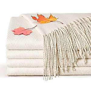 ZonLi Cream Throw Blanket Lightweight Herringbone Throw Blankets for Couch Ivory Beige Boho Throw Blanket Decorative Knitted Blankets with Tassels Fringe for Bed Outdoor 55'' x 75''