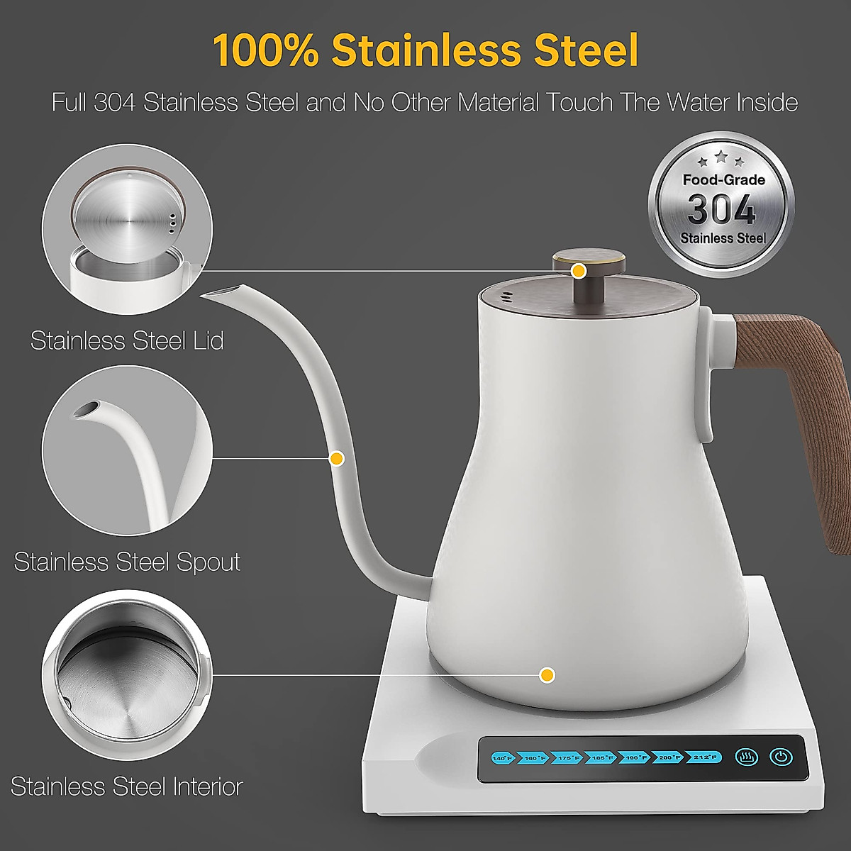 Seoukin Beige White Electric Gooseneck Kettle with 7 Variable Presets, Best Gift For Pour Over Coffee Kettle&Electric Tea Pot, 100% Stainless Steel Water Boiler With Temperature Control, Beige White