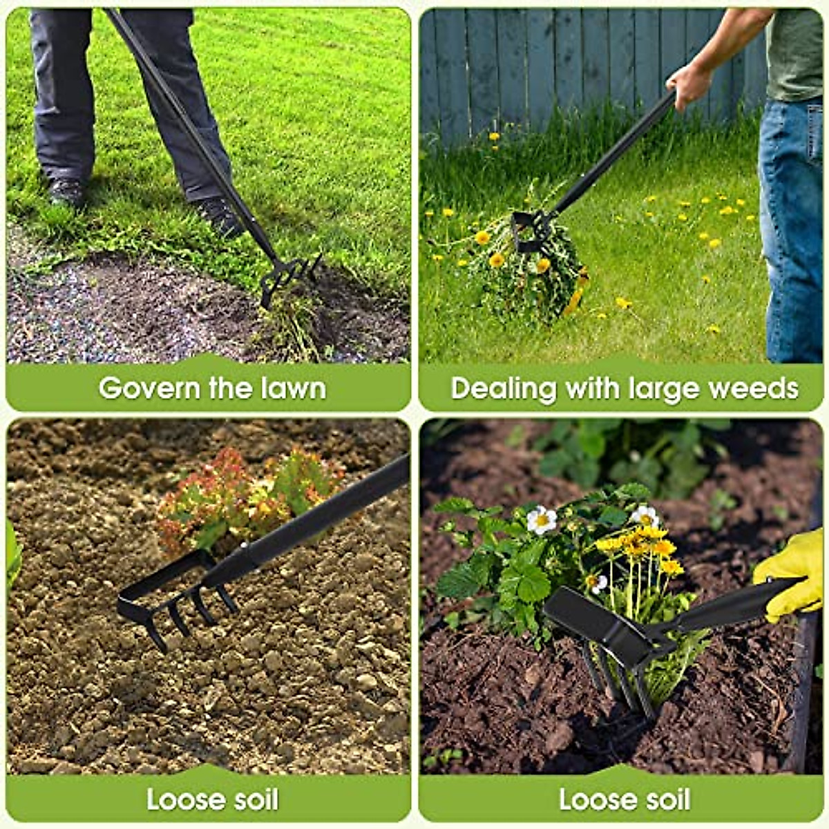 INFLATION Hoe Garden Tool for Weeding,Stirrup Hoe and 4 Tines Rake 2-in-1 Gardening Tool,Long Handle Hula Hoe for Garden,Lawn,Vegetable Garden Loose Soil,Weeding and Planting