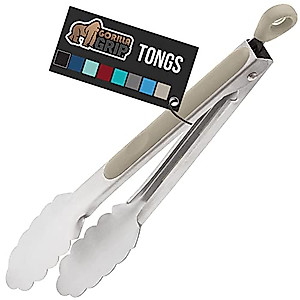 Gorilla Grip Stainless Steel Metal Tongs, 16 Inch, Heat Resistant up to 484 Degrees, Kitchen Utensil, Comfortable Silicone Handle, Easy Pull Lock, Strong Kitchen Tong for Cooking, Grilling, Almond
