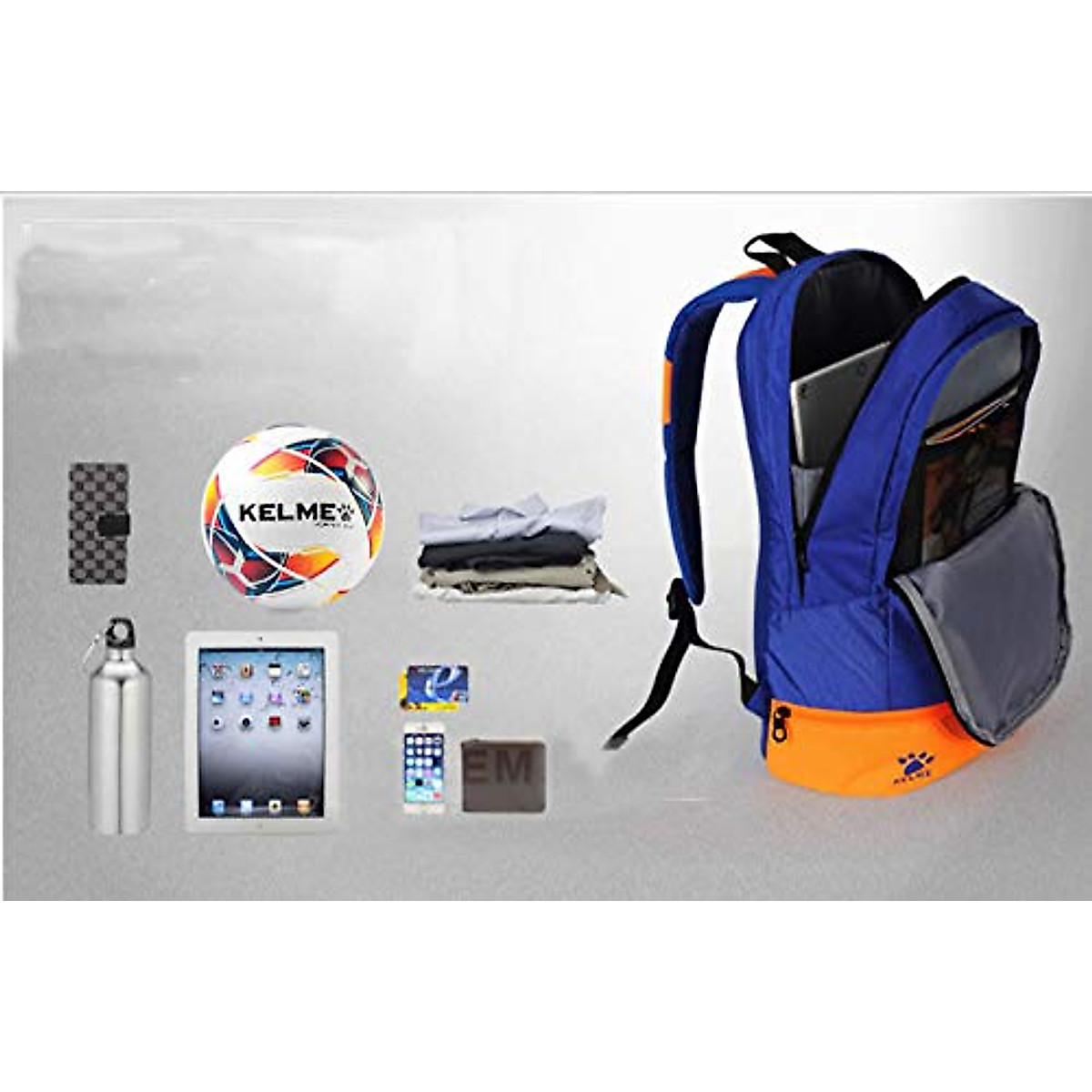KELME Sports Soccer Bag - Backpack for Adults and Kids – Separate Cleat and Ball Holder for Basketball, baseball & Football (Blue/Orange, Adults)