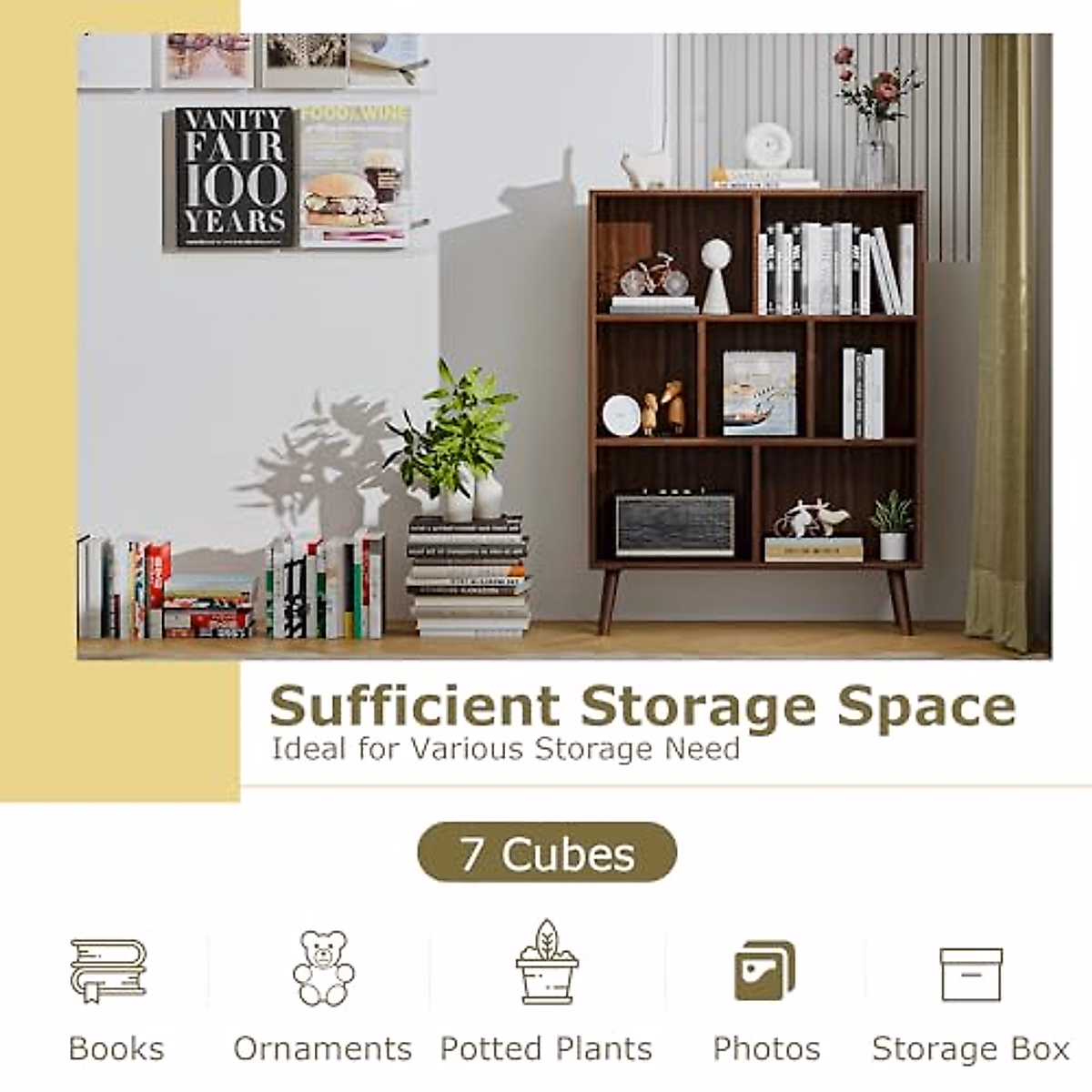 DIFY Wooden Bookcase 7 Cube Open Bookcase with Legs, Display Bookshelves Storage Organizer Shelf for Living Room, Home Office and Bedroom, Walnut