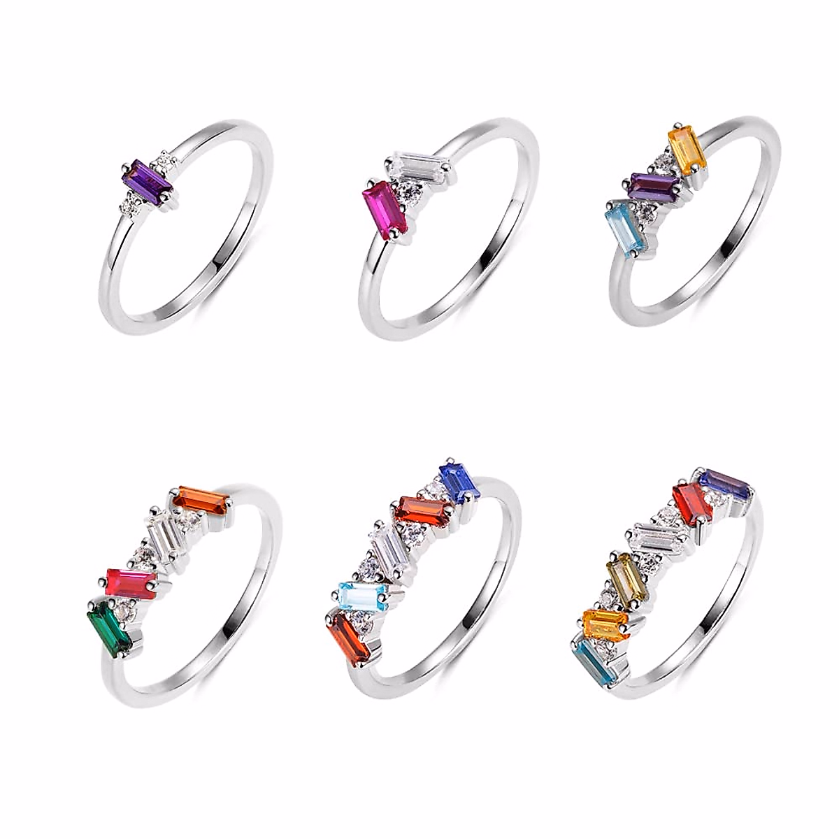 AILIN Custom Rectangular Birthstone Rings For Women 925 Sterling Silver Cubic Zirconia Stackable Statement Rings Personalized 1-6 Stones Anniversary Rings For Mom Family Gifts For Grandmother Mother