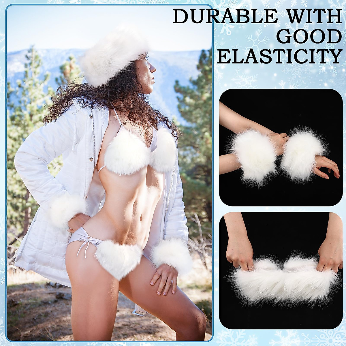 Ramede 4 Pcs Women's Faux Fur Bikini Bra Top Fur Headband Wrist Cuffs Bikini Panties Set Furry Suits for Women Swimsuits(White)
