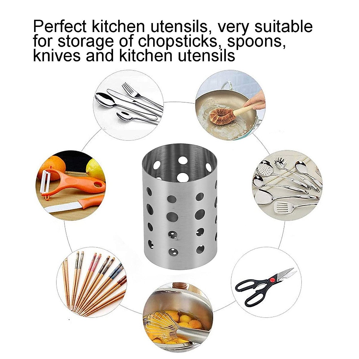 Tomotato Stainless Steel Utensil Holder, 6.3" Kitchen Utensil Holder Caddy Silverware Drying Rack Utensil Drainer Countertop Utensil Storage Organizer Cutlery Holder, 3.9" Diameter