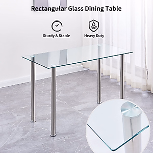 51.2" Clear Glass Dining Table for 4 People, Modern Rectangular Kitchen Table with Metal Legs