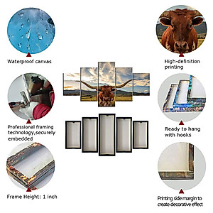 5 Piece Animal HD Painting Canvas Prints Texas Longhorn Steer in Rural Utah Giclee Artwork Modern Framed and Stretched Wall Art Painting for Living Room Decor - 60''W x 32''H