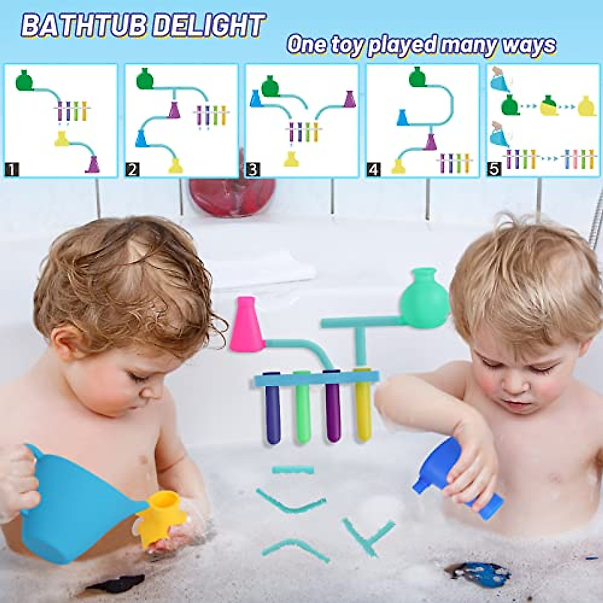 Gifts2U Bath Toy for Kids Age 4-8, 25PCS Color Changing Silicone Water Lab Suction Bath Toy Set for Toddlers, Bathtub Play Stem Buiding Toys with Mesh Storage Bag