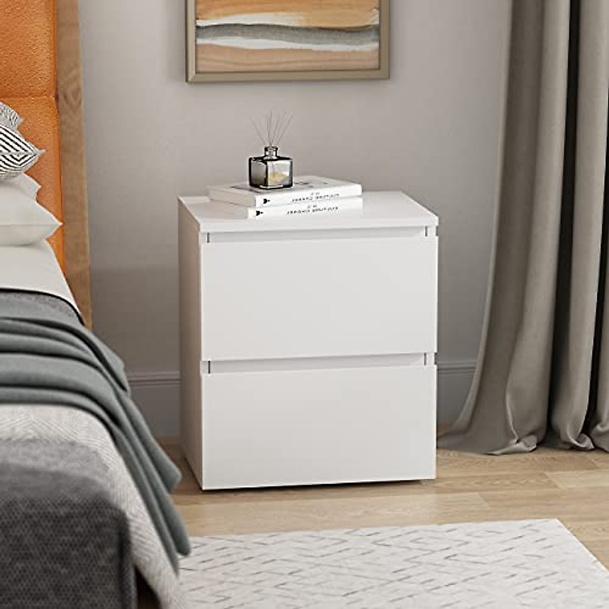 AIEGLE White Nightstand with 2 Drawers, Small Wood Storage Bed Side Table End Table Set of 2, Handle Free Storage for Bedroom Living Room Office (15.7" W x 11.6" D x 18.9" H)