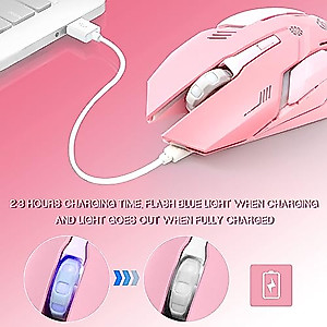 VEGCOO Pink Wireless Gaming Mouse, Silent Click Wireless Mouse with Colorful RGB LED Lights, Rechargeable Computer Mice with Side Buttons and 3 Level DPI, for Laptop and Desktop