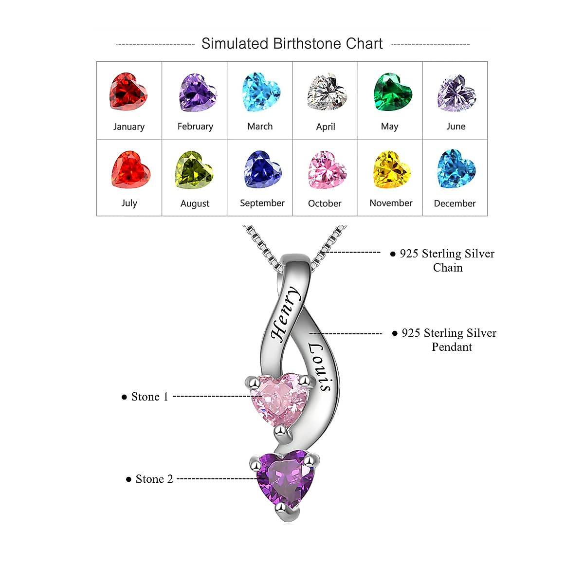 MissNity Personalized Birthstone Necklace Engraved 2 Names for Women - Custom Mother Pendant Necklace with Stones in 925 Sterling Silver for Mother's Day Gift
