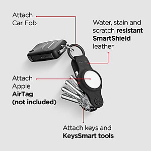 KeySmart Air - Compact Keyholder for Airtag - Key Organizer and Case for Apple Airtag - Includes Carabiner Keyring Key Chain to Attach Car Key Fob - Smartshield Leather Keychain (Black)