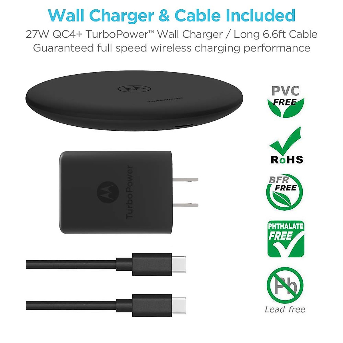 Motorola TurboPower Wireless Charger- 15W Qi Charging pad with 6.6ft Cable and AC Charger for Motorola Edge 2022, Edge+ 2022, Moto Edge Plus 2020/2022, ThinkPhone