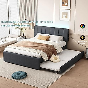 YOPTO Full Size Upholstered Platform Bed with Twin Size Trundle & USB Port,Linen Tufted Bed Frame W/Remote Control LED Light & Stripe Headboard,Wood Slats Support for Bedroom,Apartment,Dark Gray