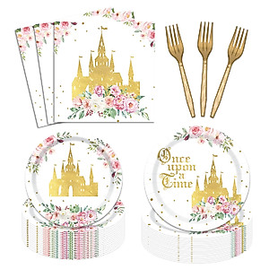 Girl Fairytale Princess Birthday Tableware Party Supplies Serves 24 Guests Once Upon a Time Pink Floral Gold Castle Plates Napkins Forks for Girls Birthday Party Decoration Supplies
