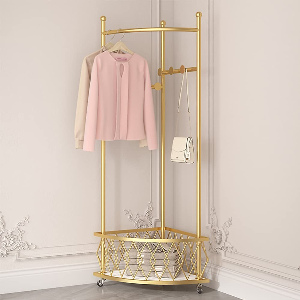 FLRH Metal Corner Coat Rack, Corner Hall Tree with Storage Basket, Freestanding Clothes Rack Organizer for Entryway, Living Room, Bedroom, Home, Office (Gold)