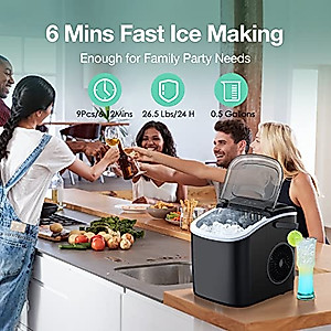 Countertop Ice Maker 6 Mins 9 Bullet Ice, 26.5lbs/24Hrs, Portable Ice Maker Machine with Self-Cleaning, Bags, Ice Scoop, and Basket, for Home/Kitchen/Office/Party