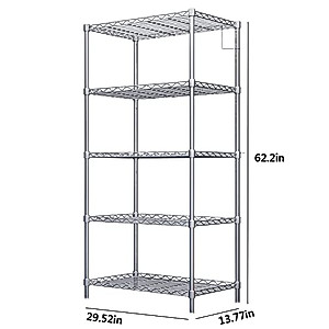 INGIORDAR 5-Shelf Metal Shelving Storage Unit with Adjustable Legs Wire Organizer Rack for Bathroom Kitchen Garage,(Silver，29.5 "L x 13.8" W x 62.2 "H)