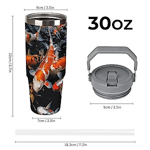 Japan Fancy Carp Fishes 30oz Stainless Steel Insulated Tumbler with Straw & Foldable Handle - Leakproof, Double-Wall Vacuum Travel Thermos for Hot/Cold Drinks, Non-Slip Base, Fit Cup Holders