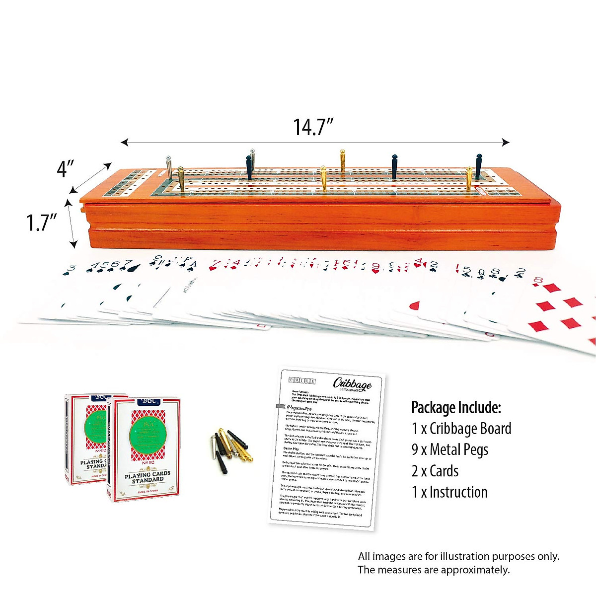CRIBBAGE BOARD GAME SET. UNIQUE LARGE WOODEN CONTINUOUS 3 TRACK BOARD WITH LARGER STORAGE AREA, 9 METAL PEGS AND 2 DECKS OF PLAYING CARDS. TRAVEL PORTABLE CRIBBAGE PERSONALIZED BOARDS CARD GAME SETS