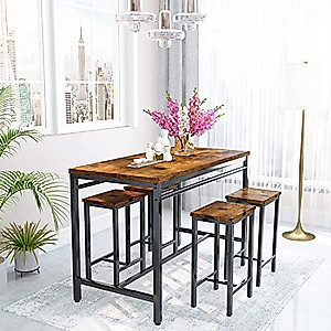 Lamerge Dining Bar Table Set for 4, Modern Counter Height Table and 4 Bar Stools, 5 Piece Bar Table and Chairs Set for Small Spaces, Apartment, Pub, Dining Room, Kitchen (Rustic Brown)